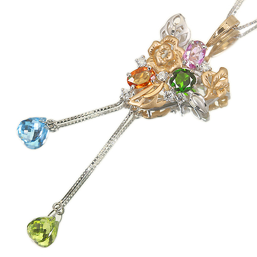 ダイオプサイト・オレンジサファイア・ピンクサファイア・ブルートパーズ・ペリドット・ダイヤモンド ピンクゴールド ホワイトゴールド ネックレス ...